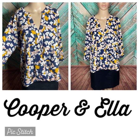 cooper & ella | Tops | Cooper Ella Faux Wrap Style Blue Yellow Floral ...